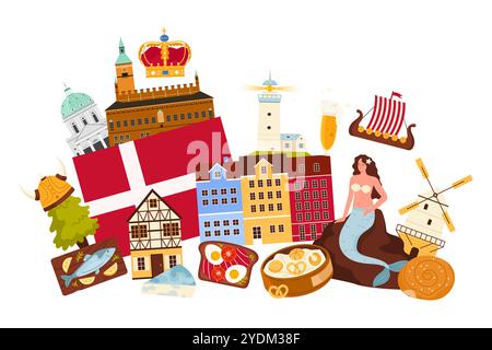 Travel to Denmark, famous culture elements and landmarks set. Rosenborg ...