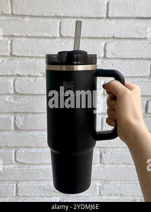 Hand Holding Black Stanley Quencher H2.0 FlowState Tumbler With Handle ...