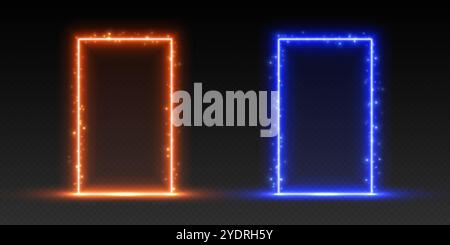 Neon arches with sparkles, orange and blue glowing portals, futuristic ...