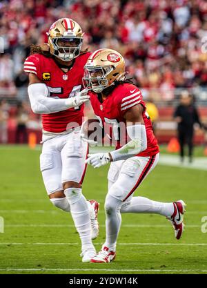 San Francisco 49ers' Fred Warner (54) celebrates after his broken-up ...
