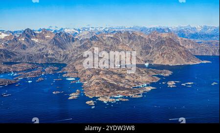 Aerial of the mountainous coastline around Kulusuk, Greenland, Polar ...