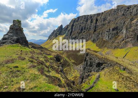 Towering basalt lava cliffs over Jurassic sediments at the Quiraing ...