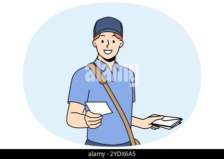 Guy works as postman and with smile holds out envelope with letter to ...