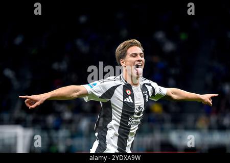 Juventus' Kenan Yildiz celebrates after scoring the opening goal during ...