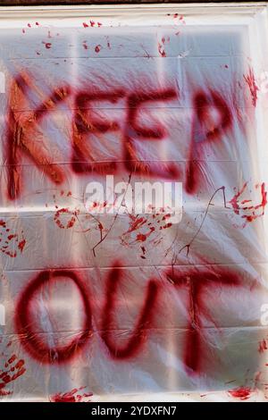 Lincoln, Lincolnshire, UK, England, blood stained sheets saying danger ...