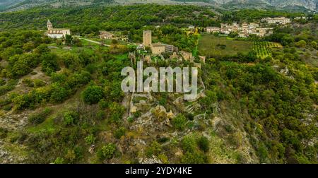 Aerial view of Beffi Castle, the Church of San Michele Arcangelo and ...