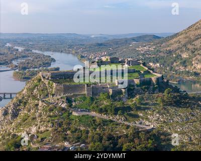 Aerial drone photo of the Rozafa castle, an old fortress on top of a ...