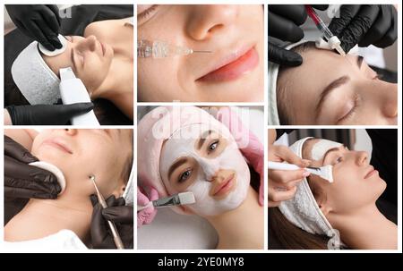 Cosmetology. Collage with photos of client undergoing different beauty ...