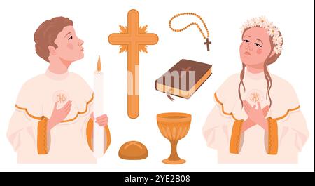 first Holy Communion praying girl and boy - vector illustration Stock ...