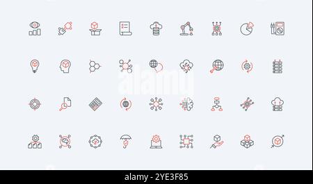 Automatic processes of servers, smart solution and model thin black outline symbols vector ...