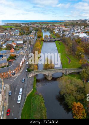 Aerial view of Musselburgh town centre and River Esk, East Lothian ...