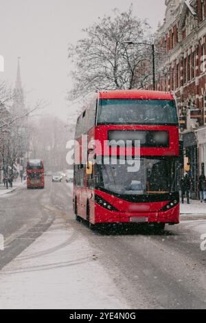 Iconic london red bus covered with snow in winter Stock Photo - Alamy