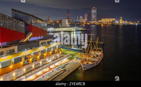 Nightscape of illuminated buildings including Osaka Aquarium at Osaka ...