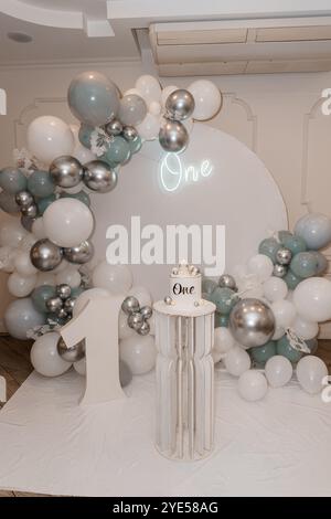 Elegant Birthday Setup with Cake and Balloons Stock Photo - Alamy