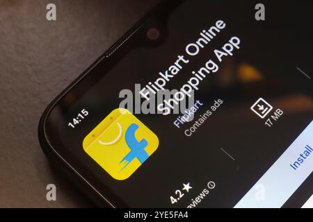 Flipkart app on a device screen with a yellow logo and details about ...