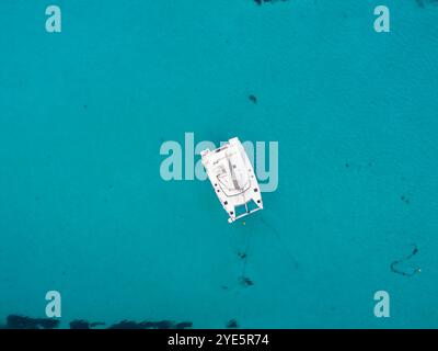 Aerial View of Catamaran Anchored in Turquoise Adriatic Cove, Croatia ...