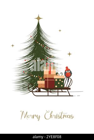Christmas sledge with present boxes, flat design, postcard, gift card ...