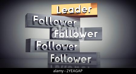 Leader and follower - words on metal blocks - 3D illustration Stock ...