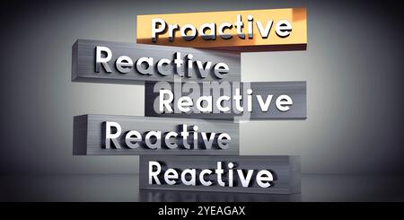 Proactive and reactive - words on metal blocks - 3D illustration Stock ...