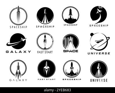 Spaceship icons. Rocket symbols, speed launched space ships silhouettes ...