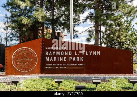 Raymond L. Flynn Marine Park sign in Seaport District, city of Boston ...