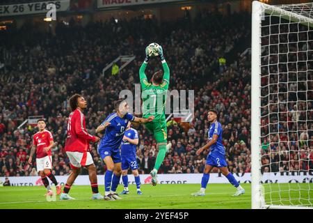 Danny Ward #1 of Leicester City claims the ball from a free kick during ...