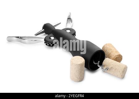 Wing corkscrew and corks isolated on white, top view Stock Photo - Alamy