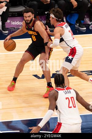 Atlanta Hawks forward Corey Kispert warms up before an NBA basketball ...