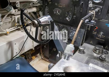 Interior view of a submarine's control panel, featuring a steering ...