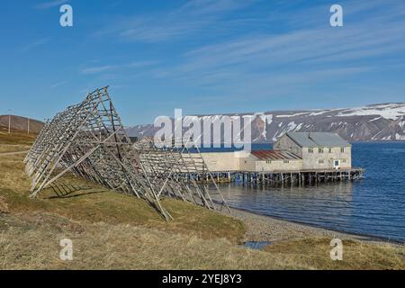 Traditional racks for drying of cod at Hamnefjellet in summer with ...