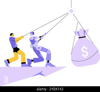 Robot Pulling A Money Bag In Flat Vector Illustration Symbolizing ...