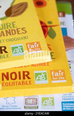 Fair trade label on AlterEco chocolate bars Fair for Life logo ...
