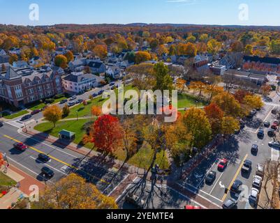 Town Common aerial view in fall with foliage in historic town center of ...