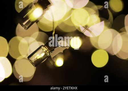 Christmas garland of glass bottles, jars with a plant inside. New year and christmas concept. A ...
