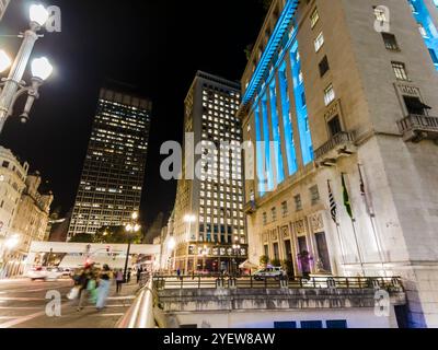 Sao Paulo, Brazil, July 26, 2024. Night view of the Cha Viaduct with ...