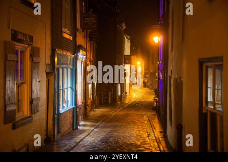A deserted street at night in Whitby Old Town, Yorkshire, England Stock ...