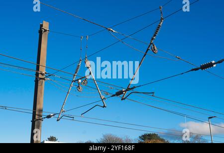 Overhead catenary and contact wires for an electric trolley bus system ...