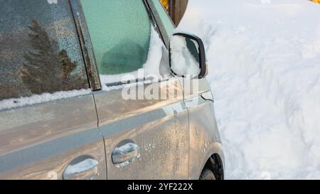 Frozen car side window covered with frost on cold winter morning Stock ...