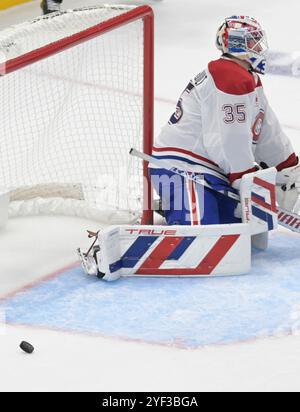 Montreal Canadiens goaltender Sam Montembeault (35) is scored on by ...