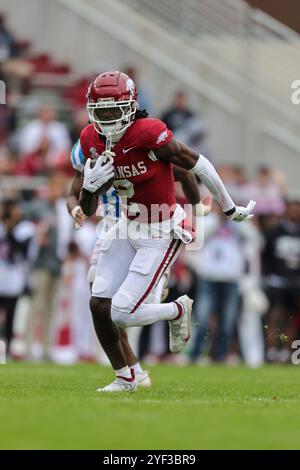 Arkansas wide receiver Andrew Armstrong speaks during a press ...