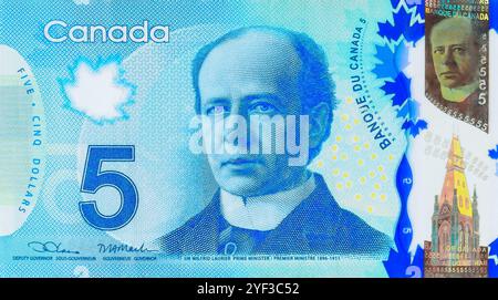 Canadian five dollar denominations of polymer banknotes money issued by ...