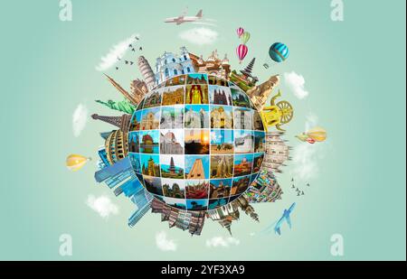World landmarks and famous monuments collage isolated on panoramic blue ...