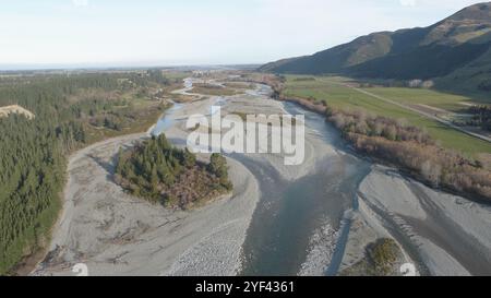This aerial photo showcases the Rangitata River in the Canterbury ...
