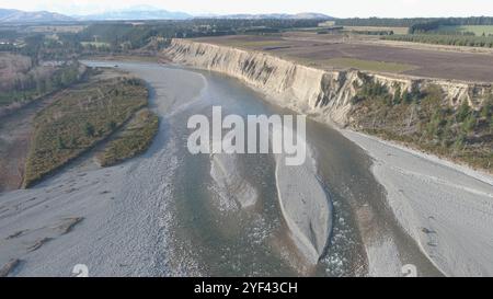 This aerial photo showcases the Rangitata River in the Canterbury ...