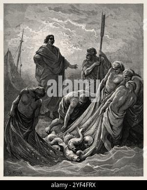 The miraculous catch of fish. New Testament. Antique bible illustration ...