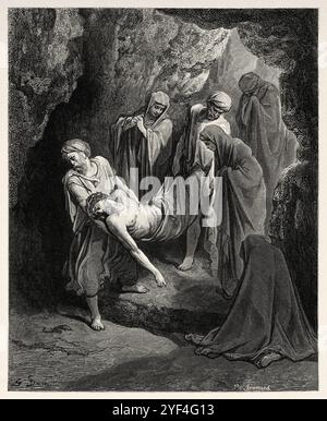 Burial of Jesus. The crucified Jesus is laid to rest in the sepulcher ...
