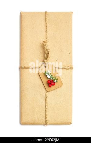 holiday handmade white present tied green ribbon bow top view with copy ...