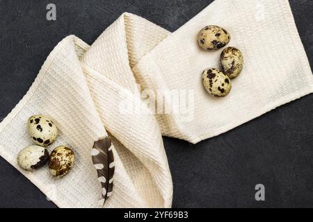Fresh quail eggs on beige background Stock Photo - Alamy