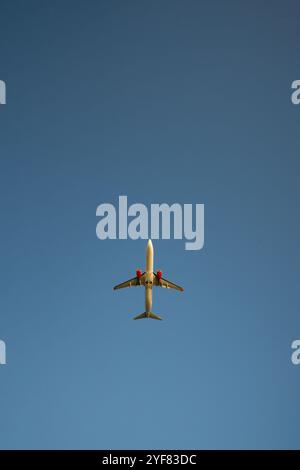 Planform view of passenger jet airplane take off from an airport at ...