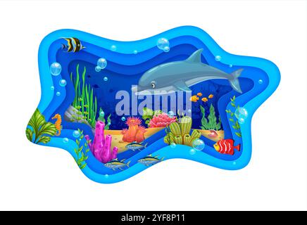 Underwater paper cut landscape with dolphin, turtle and seaweeds ...